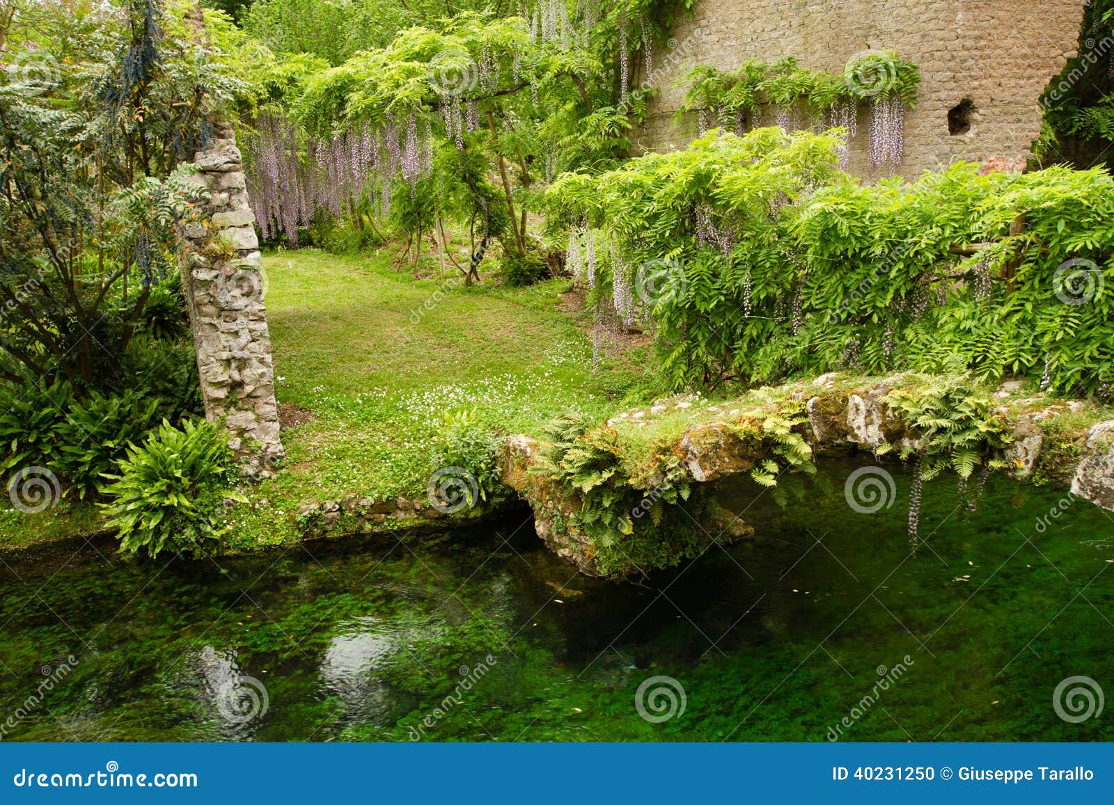 Bridge and River at Garden of Nympha Stock Photo - Image of gardens ...