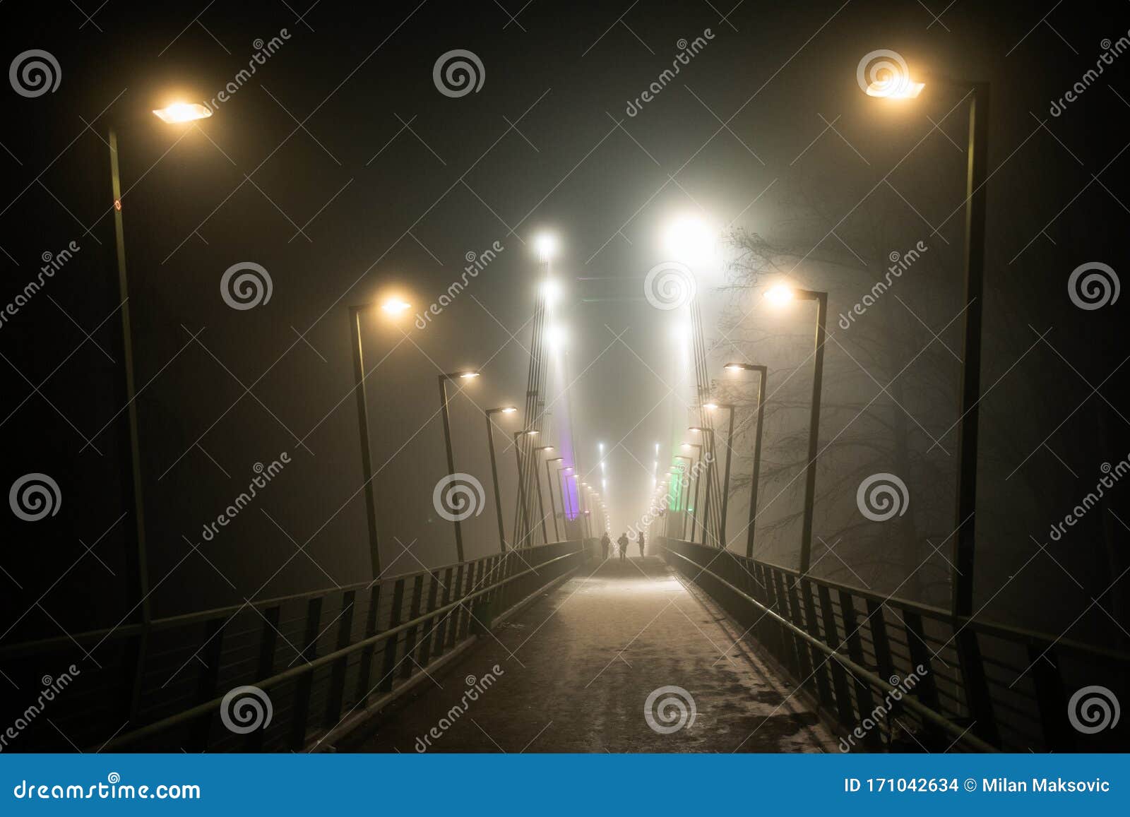 Bridge on the River in the Night in the Fog Stock Photo - Image of ...