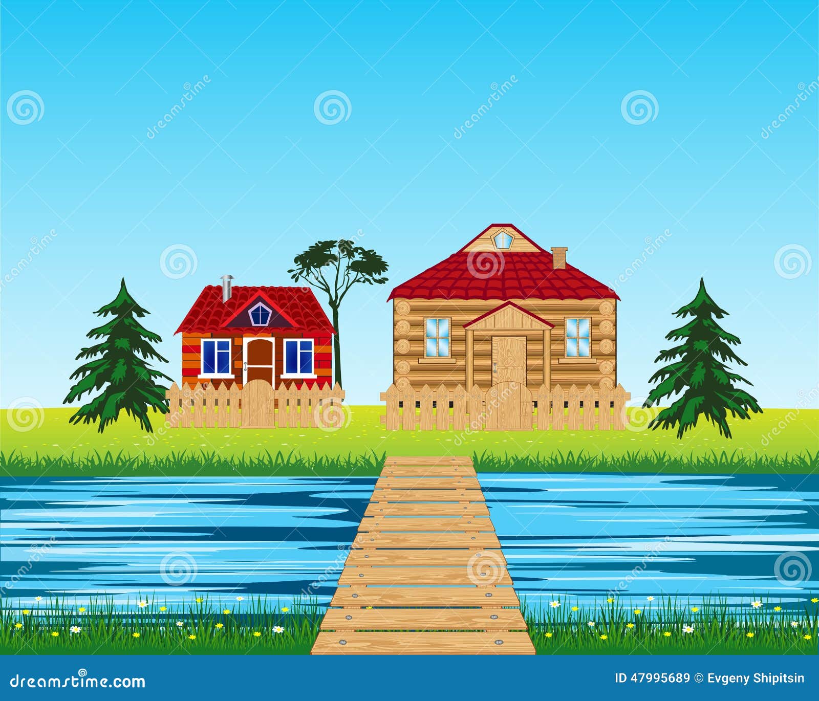 Bridge through River in Village Stock Illustration - Illustration of ...