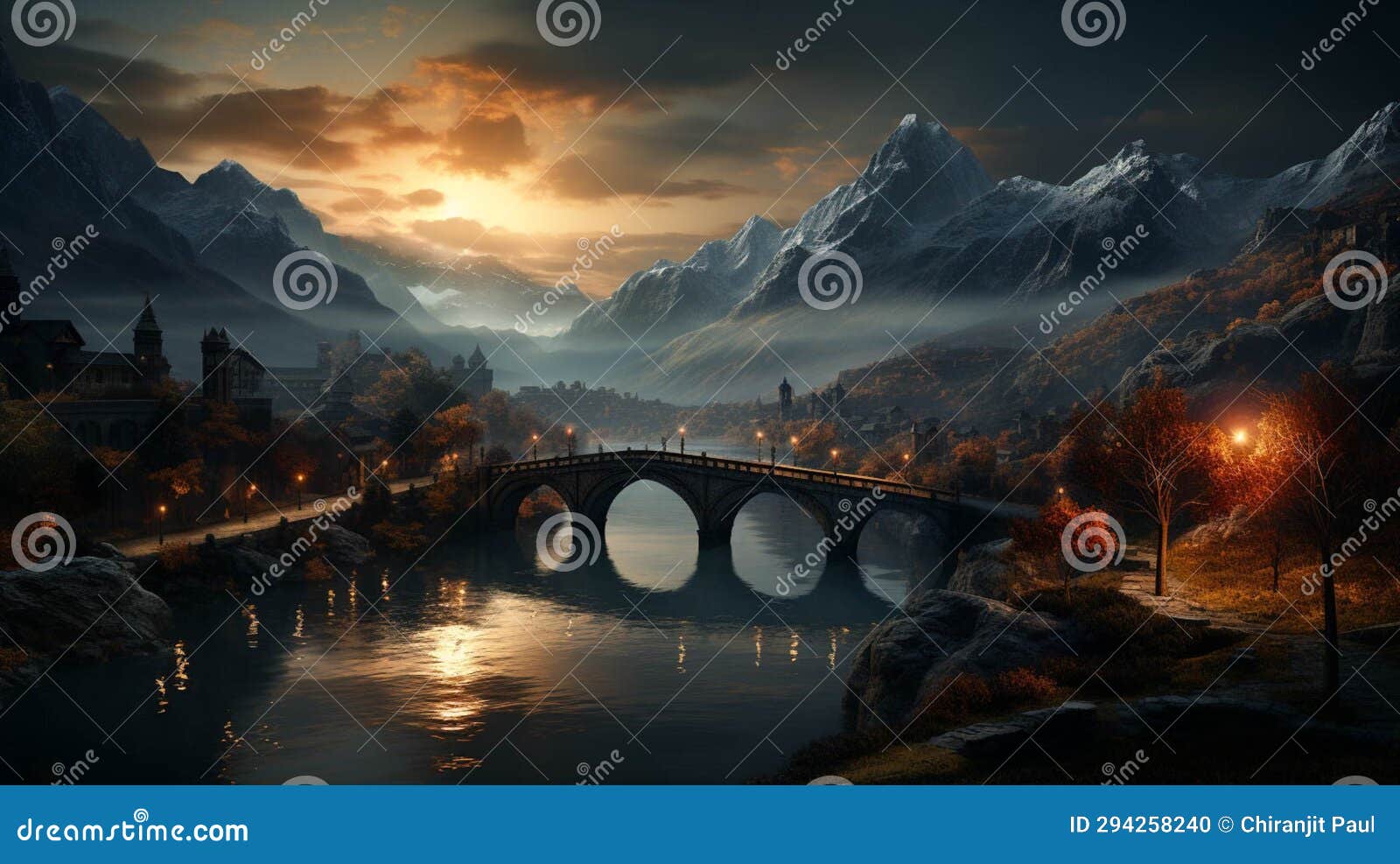 A Bridge with Road Light Over a River with Mountains at Evening Moment ...