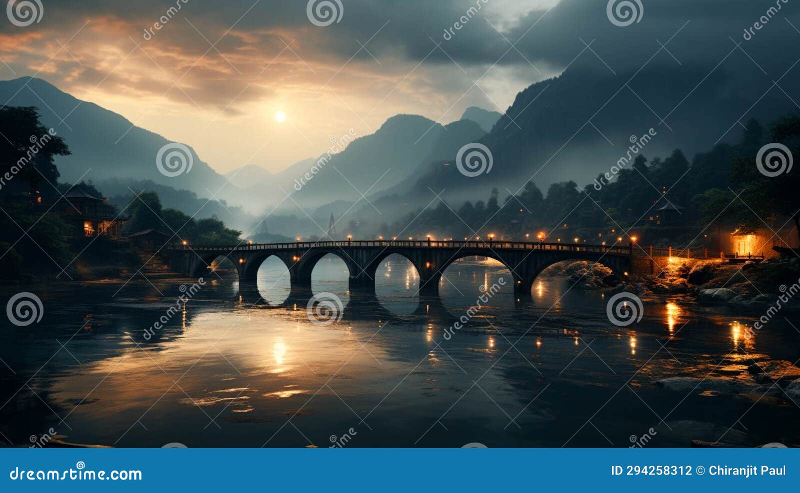 A Bridge with Road Light Over a River with Mountains at Evening Moment ...