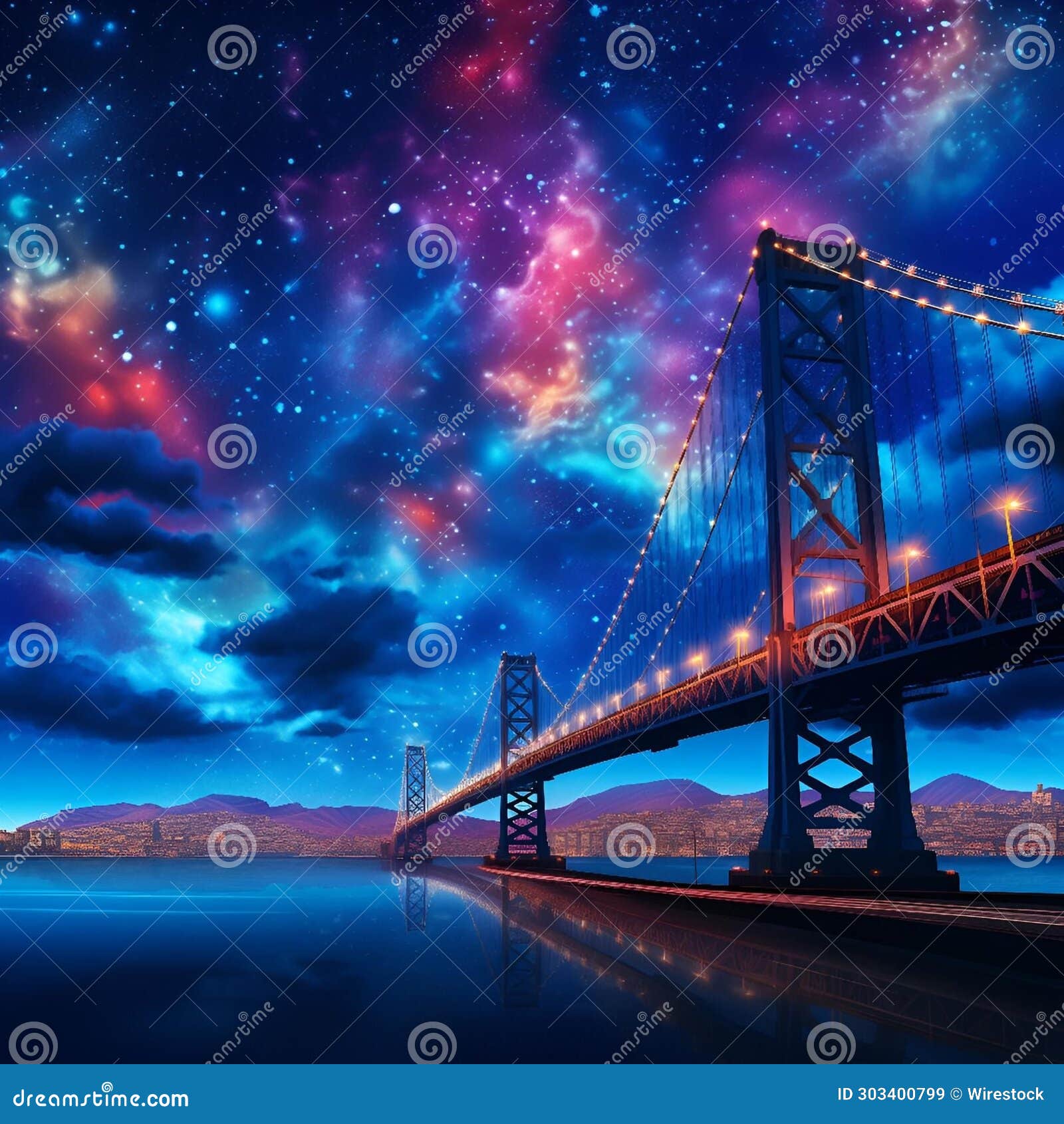 A Bridge Spanning the Ocean with Galaxy Sky in the Background Stock ...
