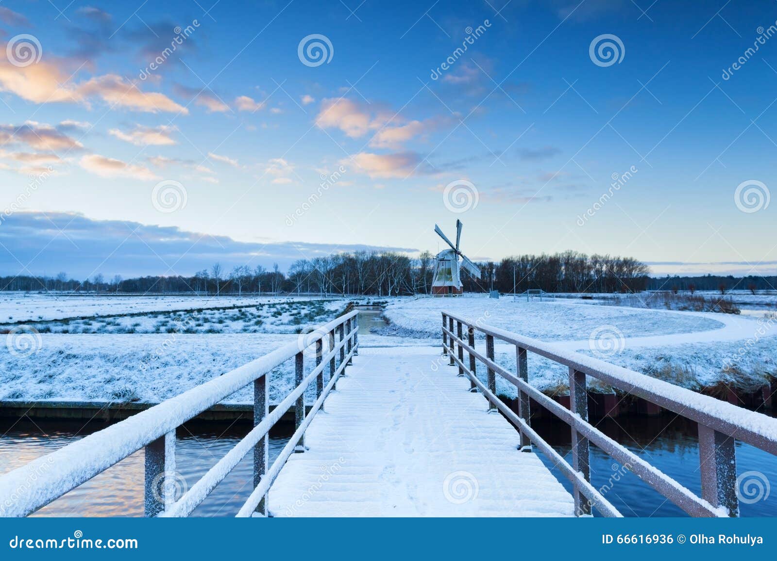 Bridge To Windmill in Snowy Winter Stock Photo - Image of nature ...