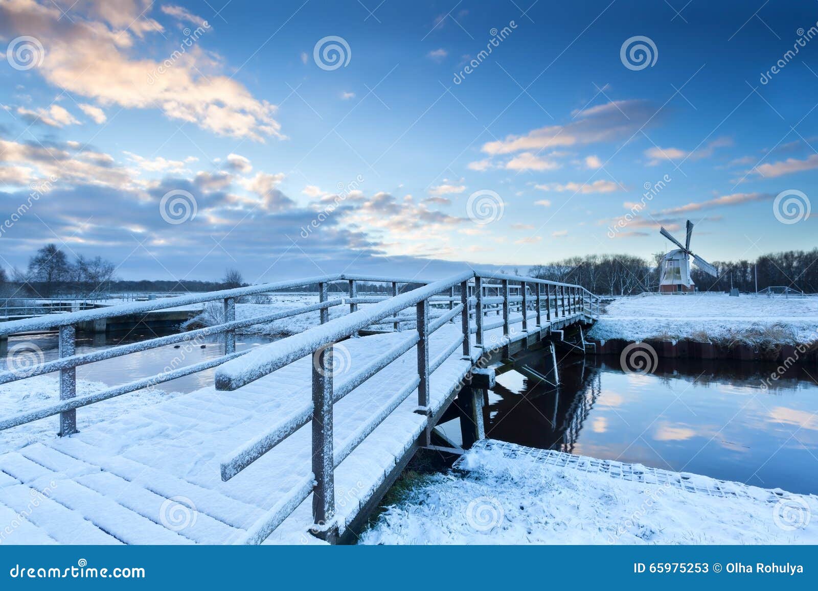 Bridge Via River To Windmill in Winter Stock Image - Image of early ...