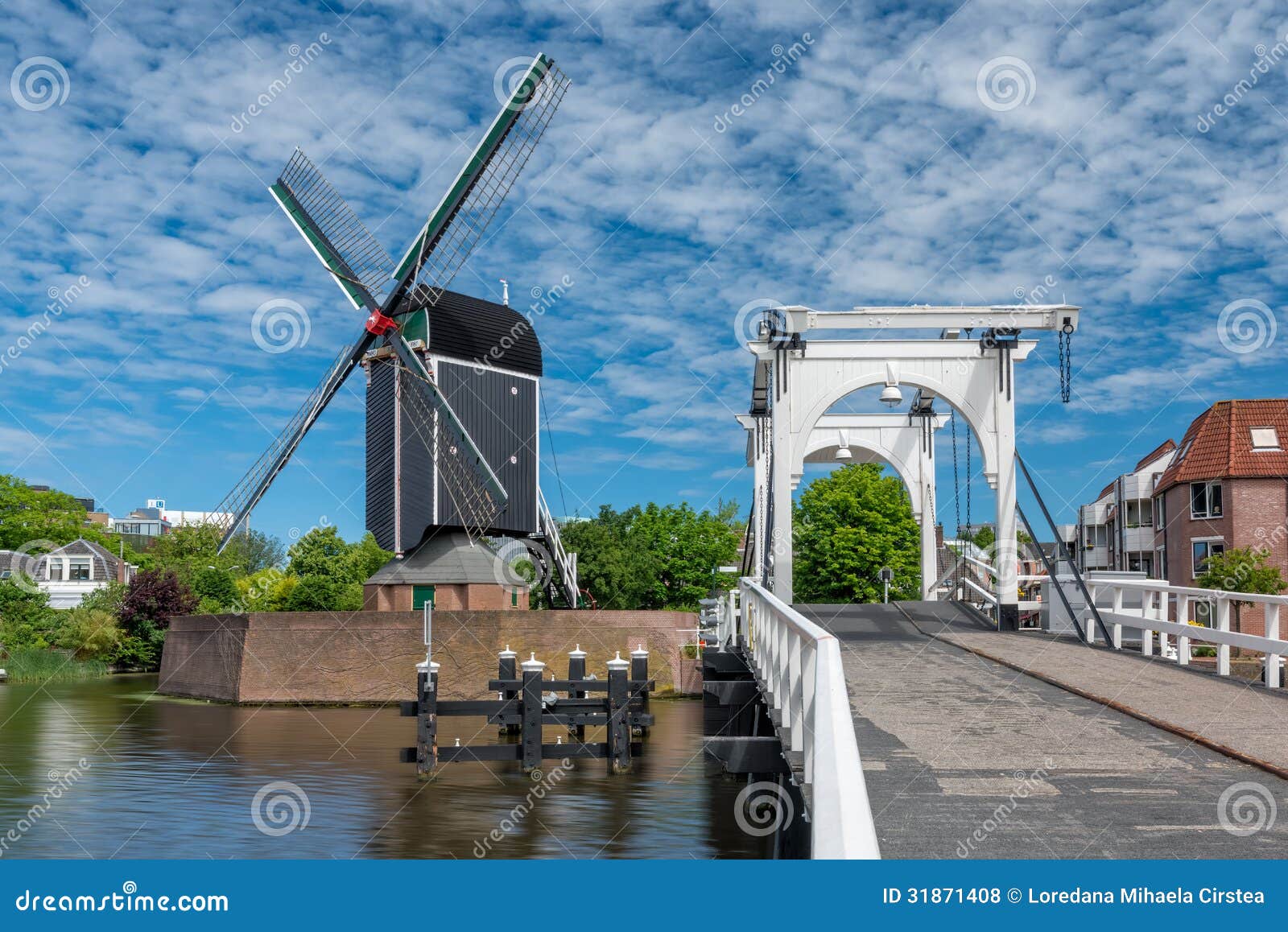 Bridge and Windmill in Netherlands Stock Photo - Image of leiden ...