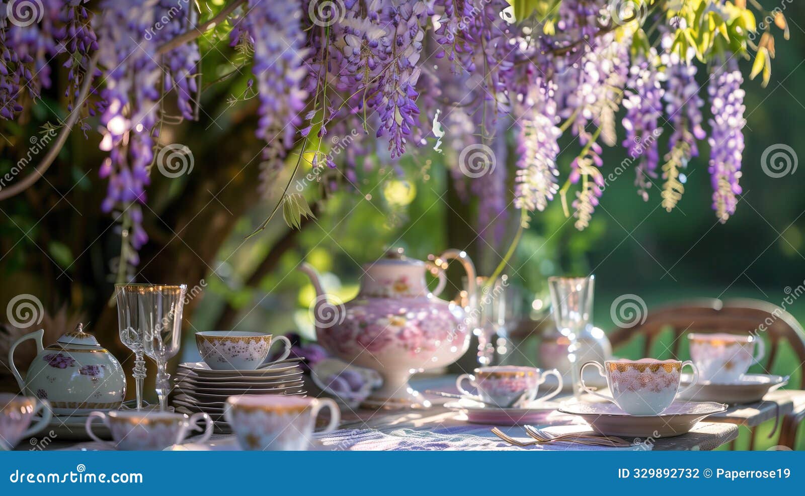 Bridgerton Tea Party Table with Wisteria Stock Photo - Image of ...