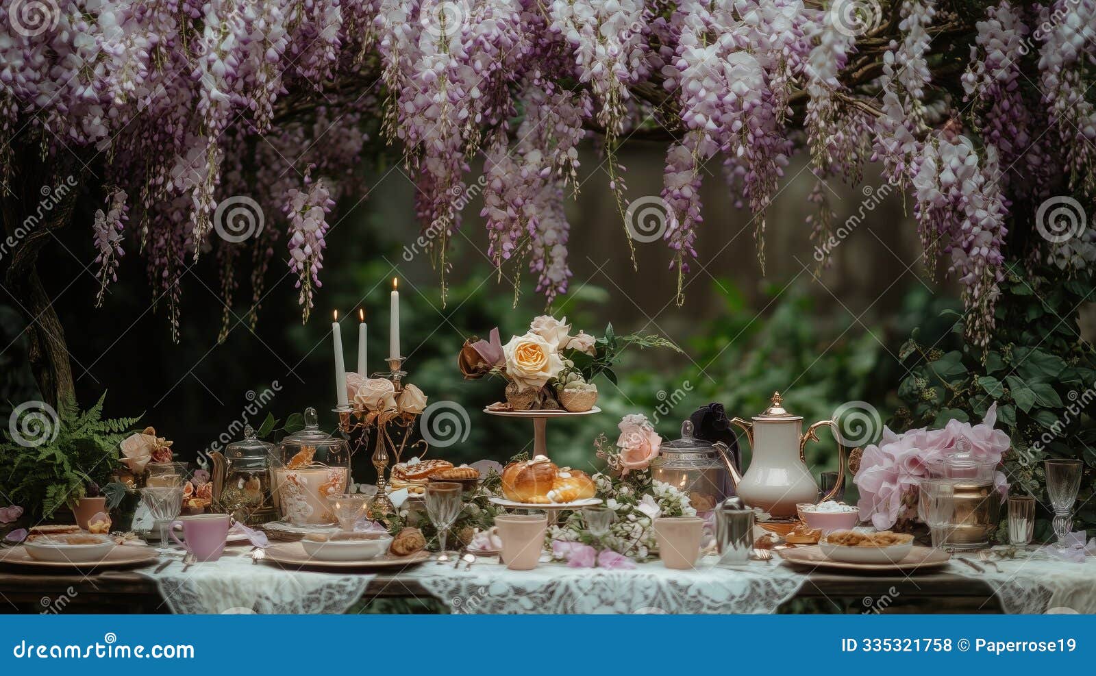 Bridgerton Tea Party Table with Wisteria Stock Photo - Image of ceramic ...
