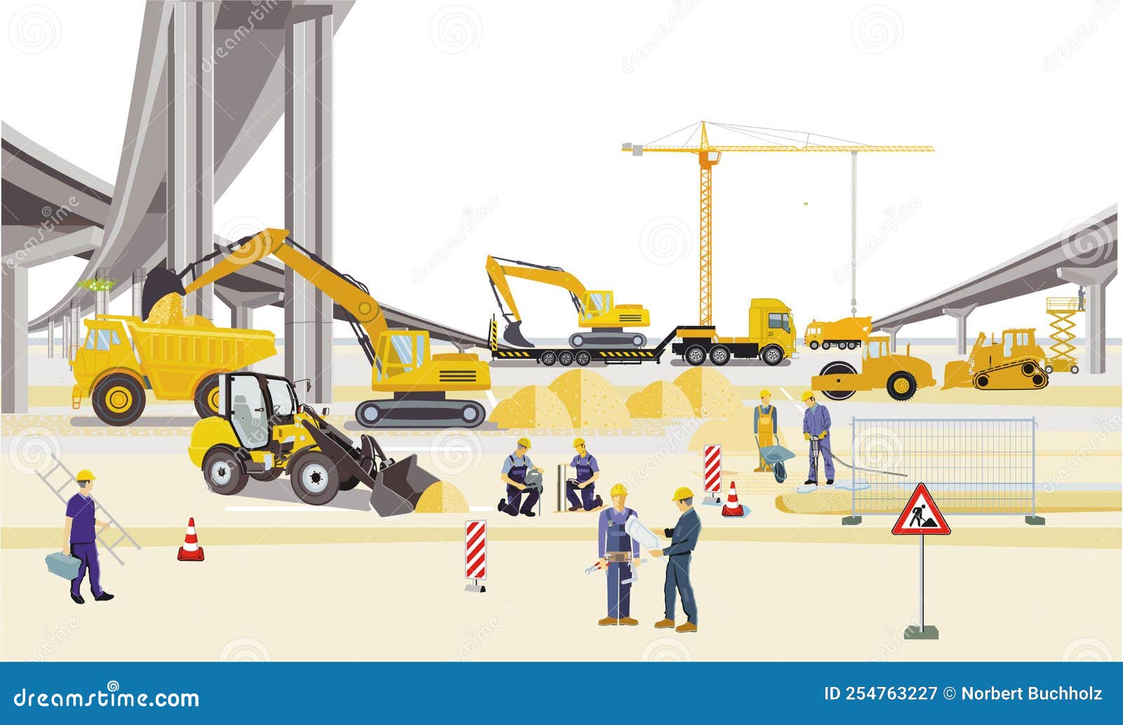Bridges Construction Site with Construction Workers, Illustration Stock ...