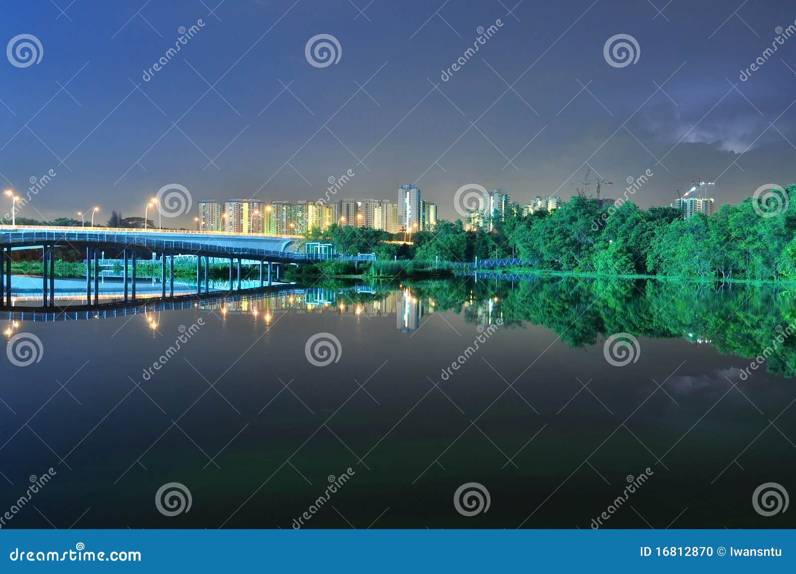Bridges and Greenery by the River at Night Stock Photo - Image of ...