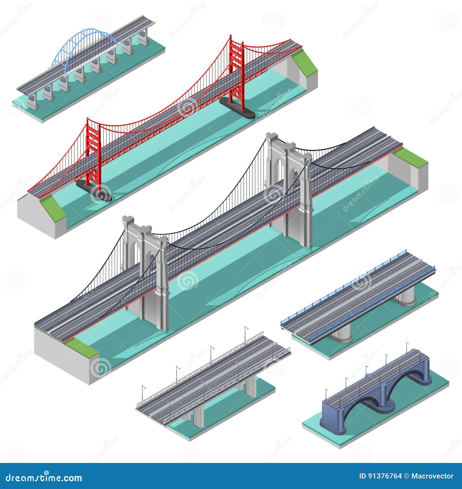 Bridges Isometric Vector Set. Pillars Spans Over River Canal Overpass ...