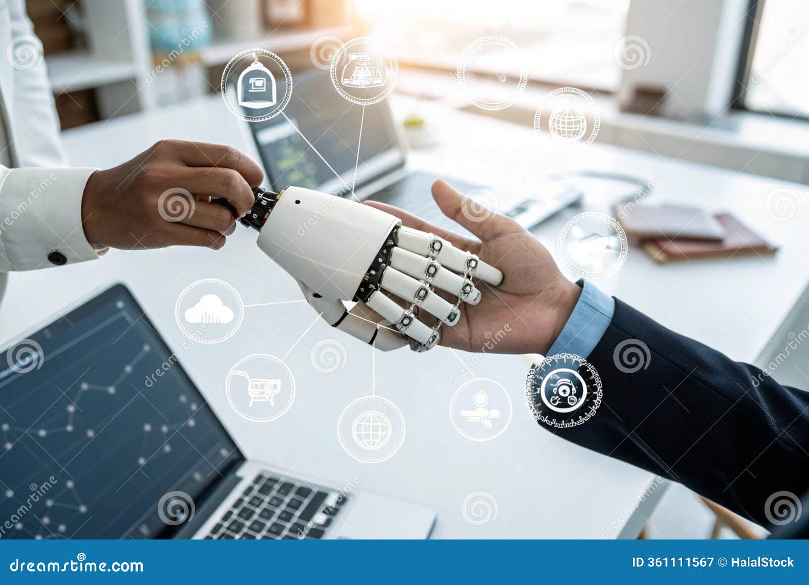 Bridging the Gap: Connection between Human and Robotic Hands in AI Technology Stock Illustration ...