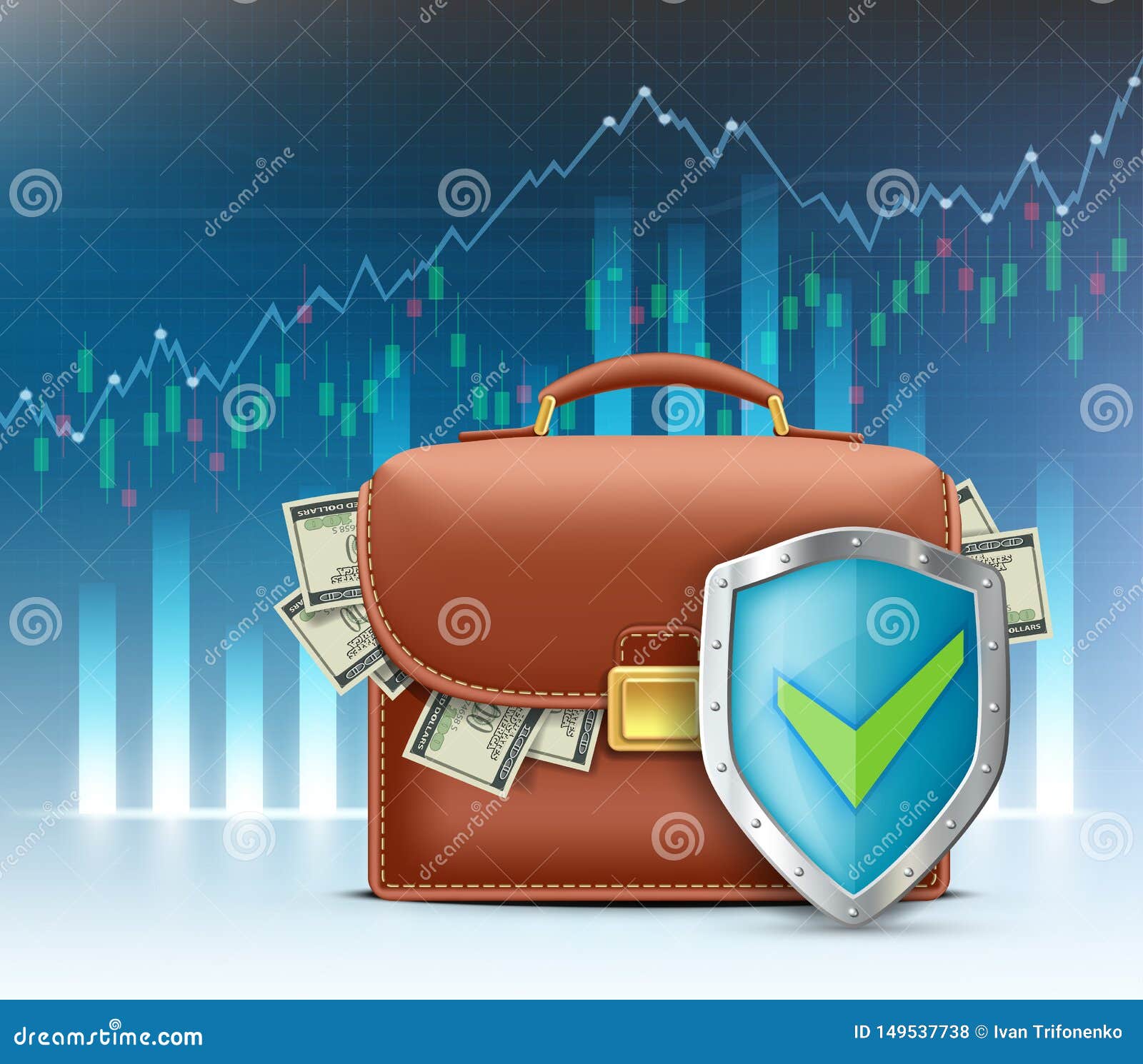Briefcase with Paper Currency Dollars and Security Shield Stock Vector ...