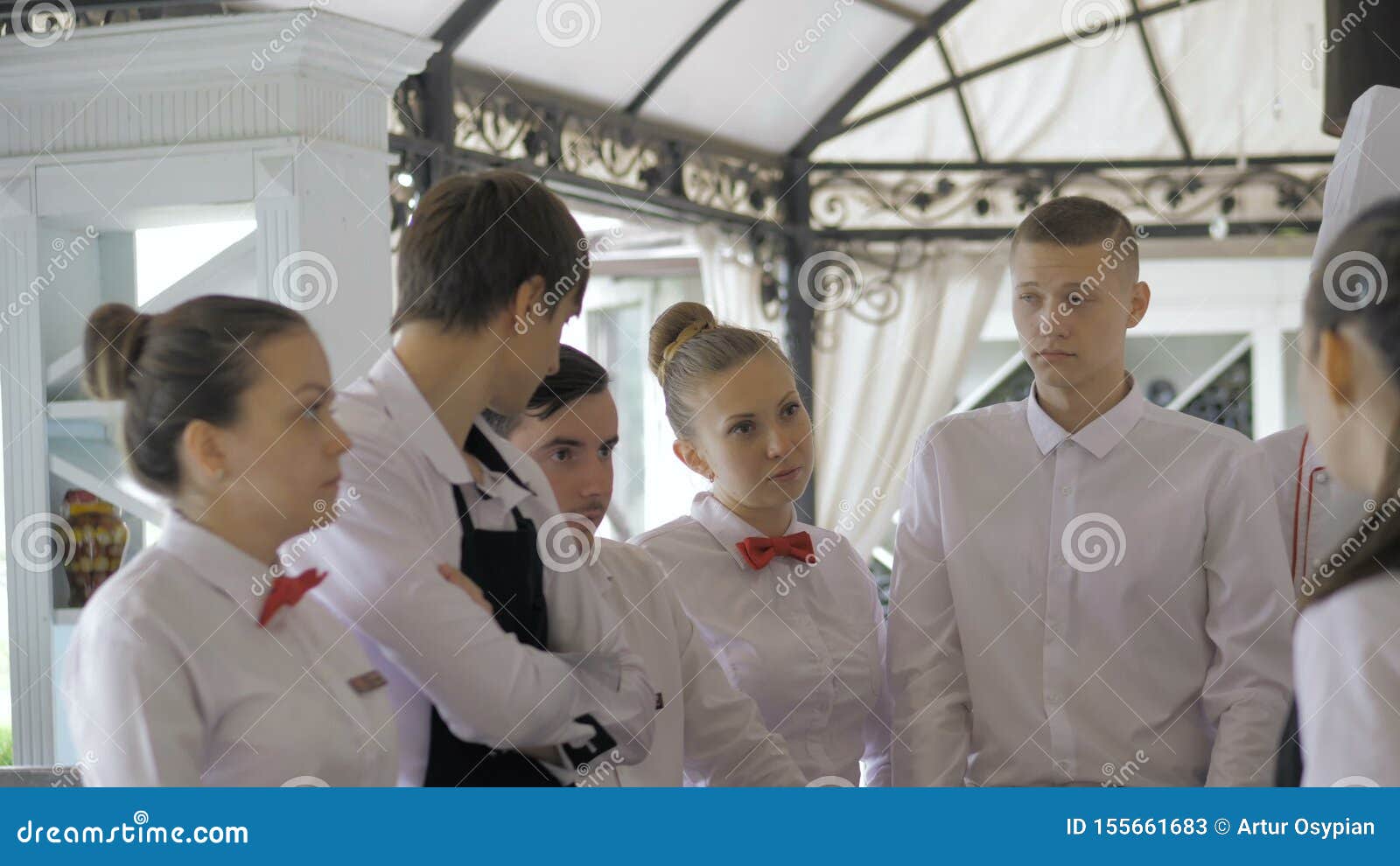 Briefing at the Restaurant. Interacting To Head Manager in Commercial ...