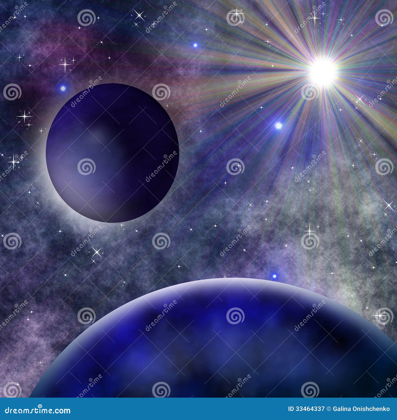 Bright Abstract Celestial Landscape with Planets, Collage Stock ...