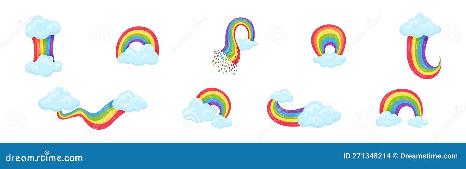 Bright Arched Rainbow with Soft Fluffy Clouds Vector Set Stock ...