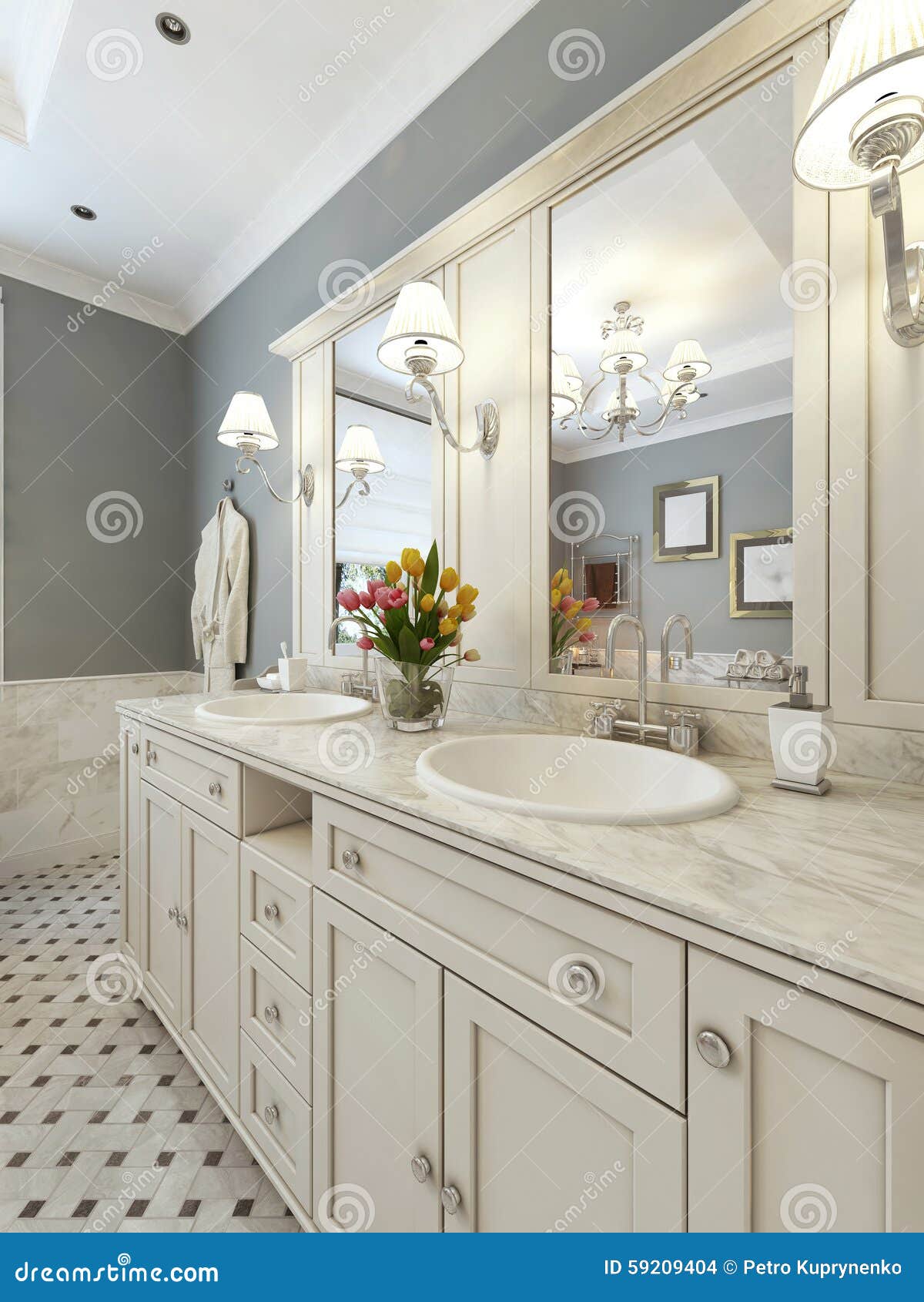 Bright Art Deco Style Bathroom Stock Photo - Image of chandeliers ...