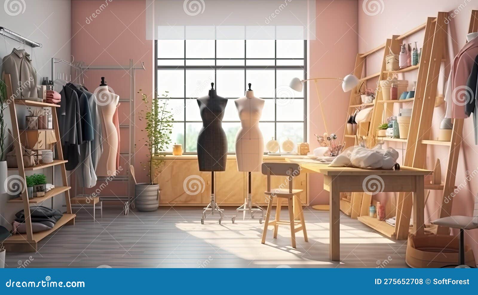 Bright Atelier Studio with Various Sewing Items, Fabrics and Mannequins ...