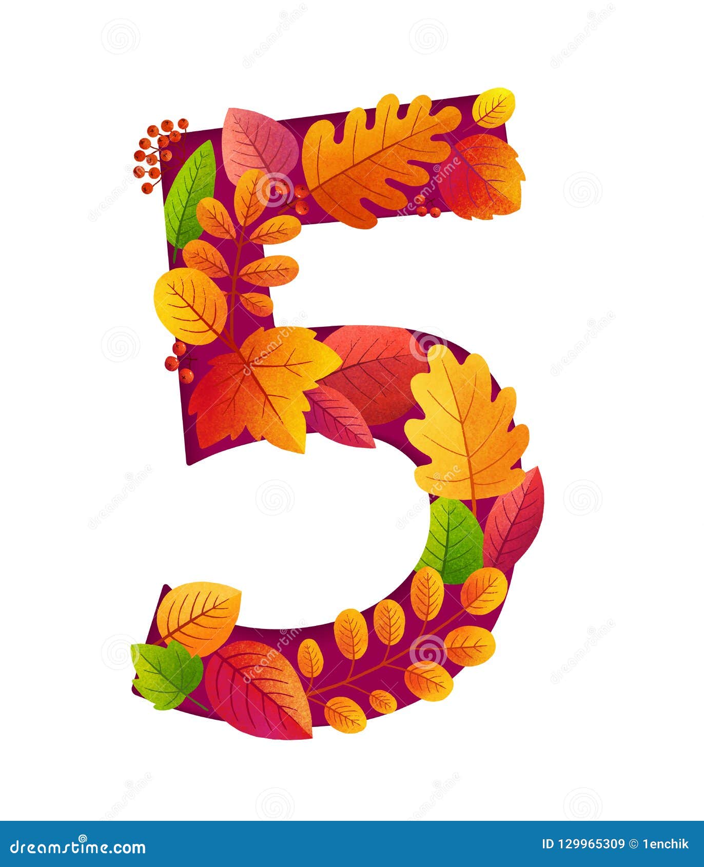 Bright Autumn Leaves in Number Five Shape, Vector Symbol Isolated on ...