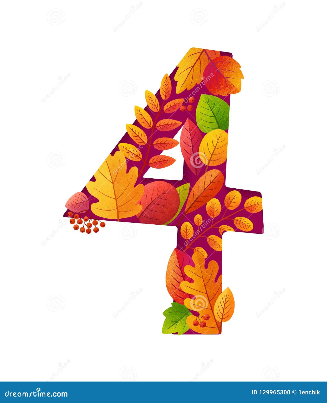 Bright Autumn Leaves in Number Four Shape, Vector Symbol Isolated on ...
