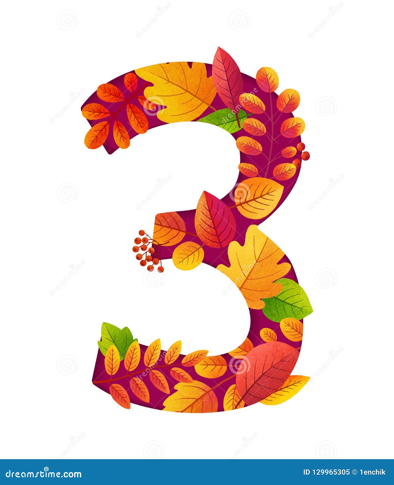 Bright Autumn Leaves in Number Three Shape, Vector Symbol Isolated on ...