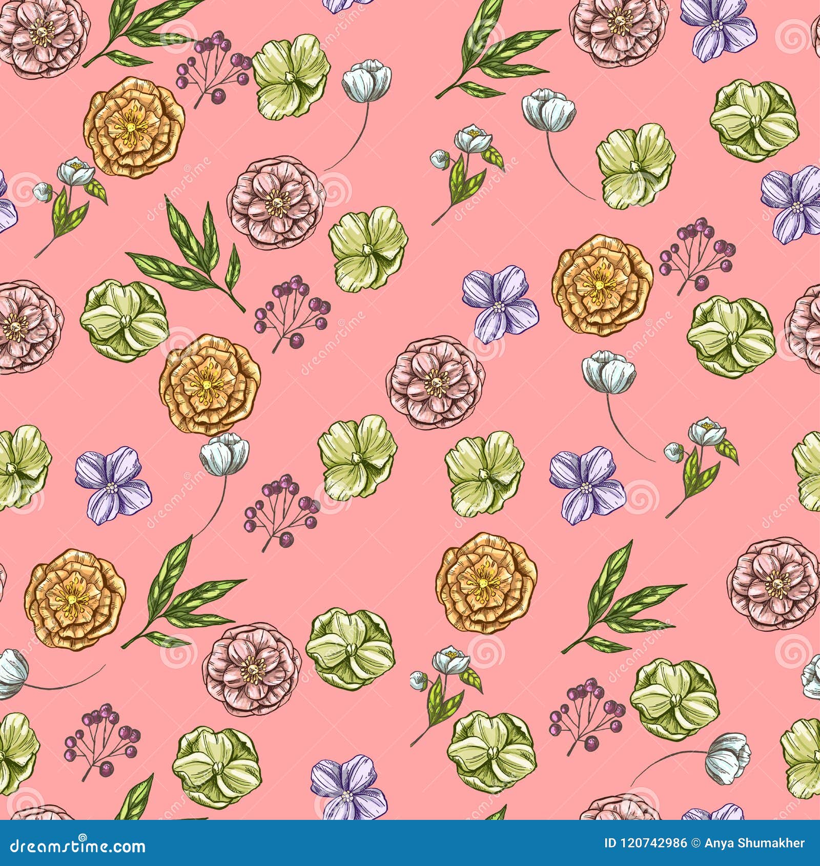 Bright Backdrop with Hand Drawn Flowers and Leaves. Various Buds ...