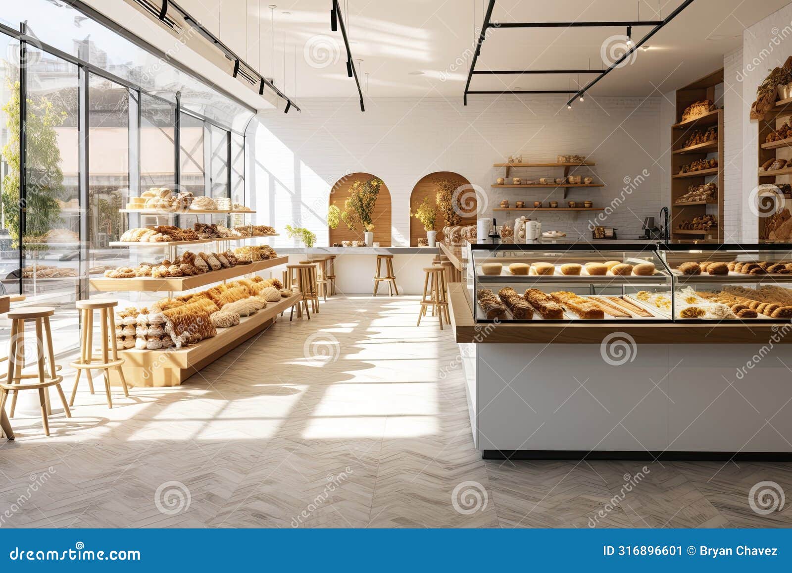Bright Bakery Cafe Interior with Pastries and Breads on Display with ...