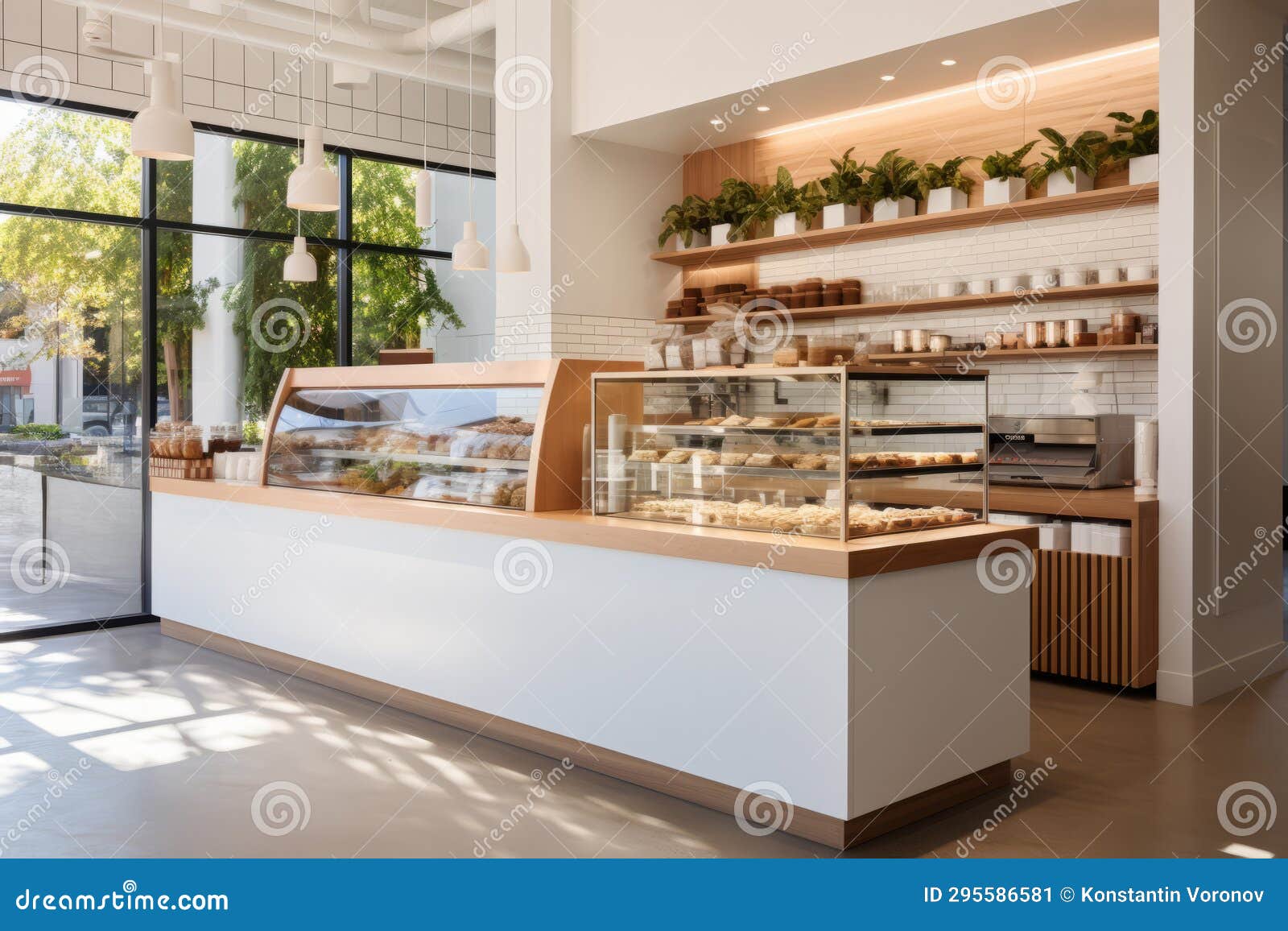 Bright Bakery Interior, Sleek Counters, Ambient Lighting, Wooden ...