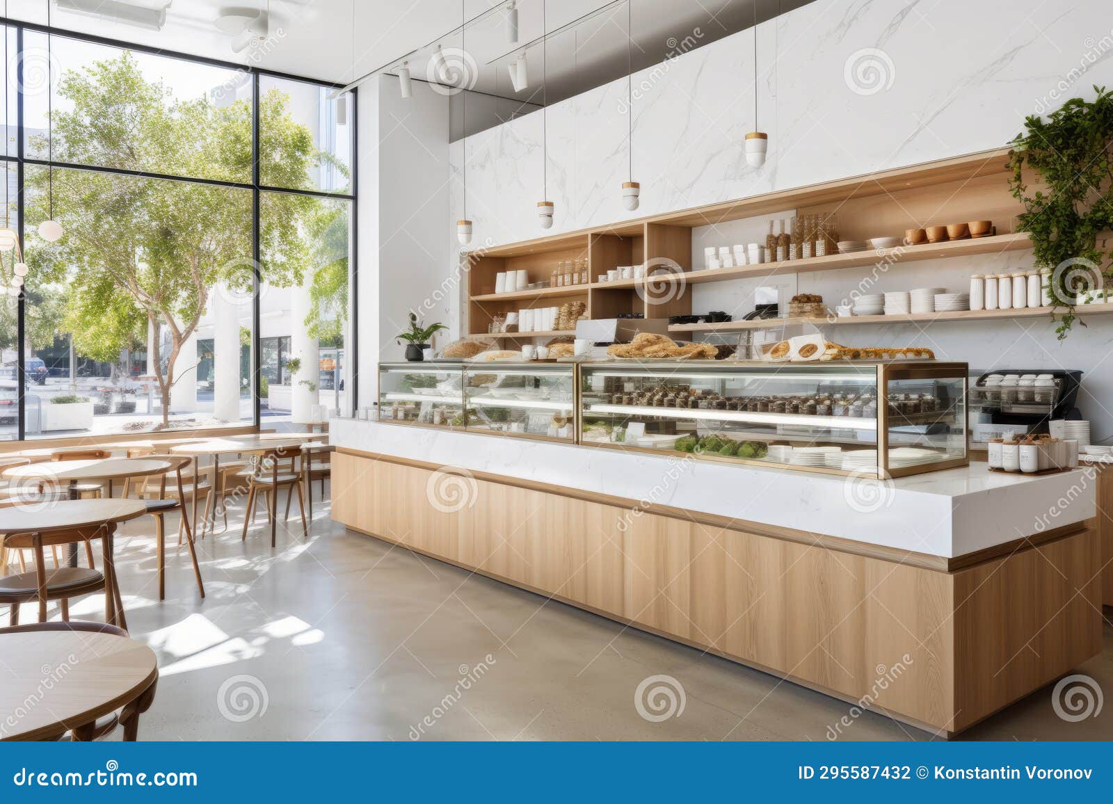Bright Bakery Interior, Sleek Counters, Ambient Lighting, Wooden ...