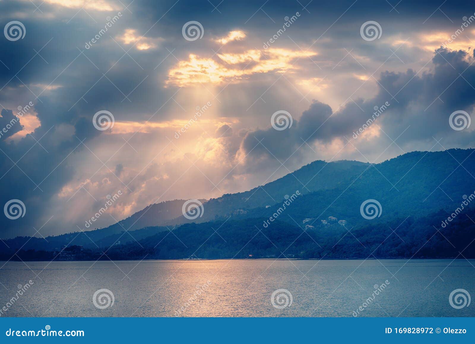 Bright Beautiful Dawn Over the Mountains, View from the Sea, Thick ...