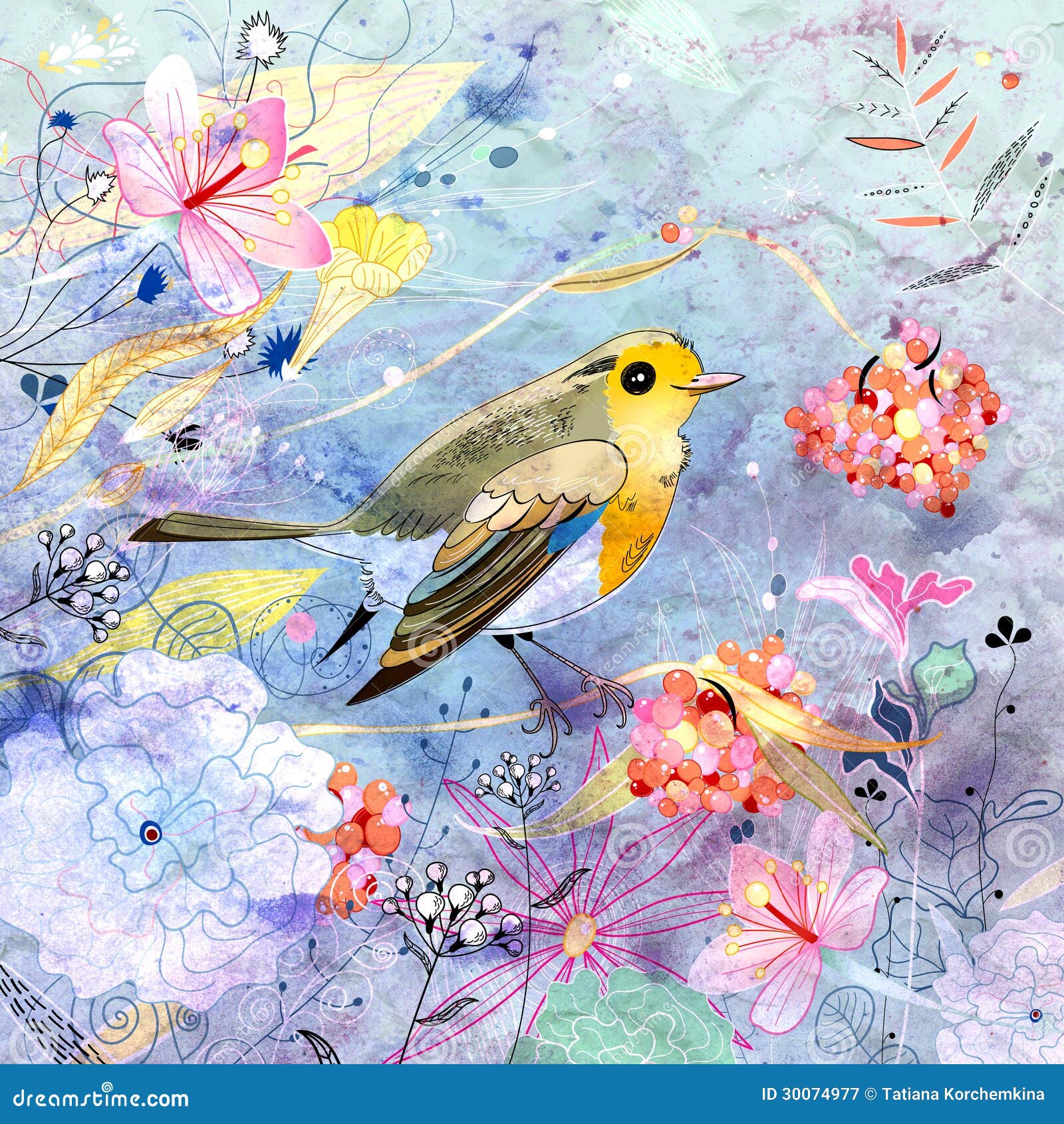 Floral Background with a Bird Stock Illustration - Illustration of ...