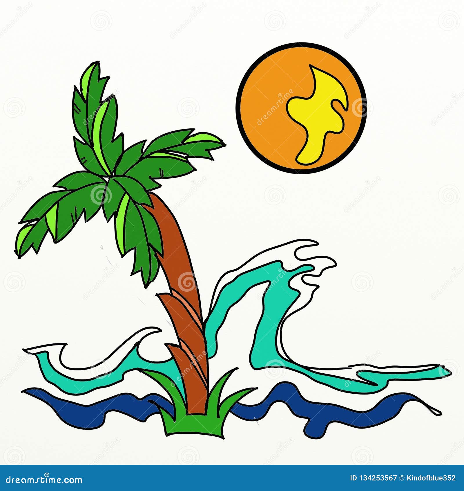 Palm Tree Ocean Wave and Orange Sun Stock Illustration - Illustration ...