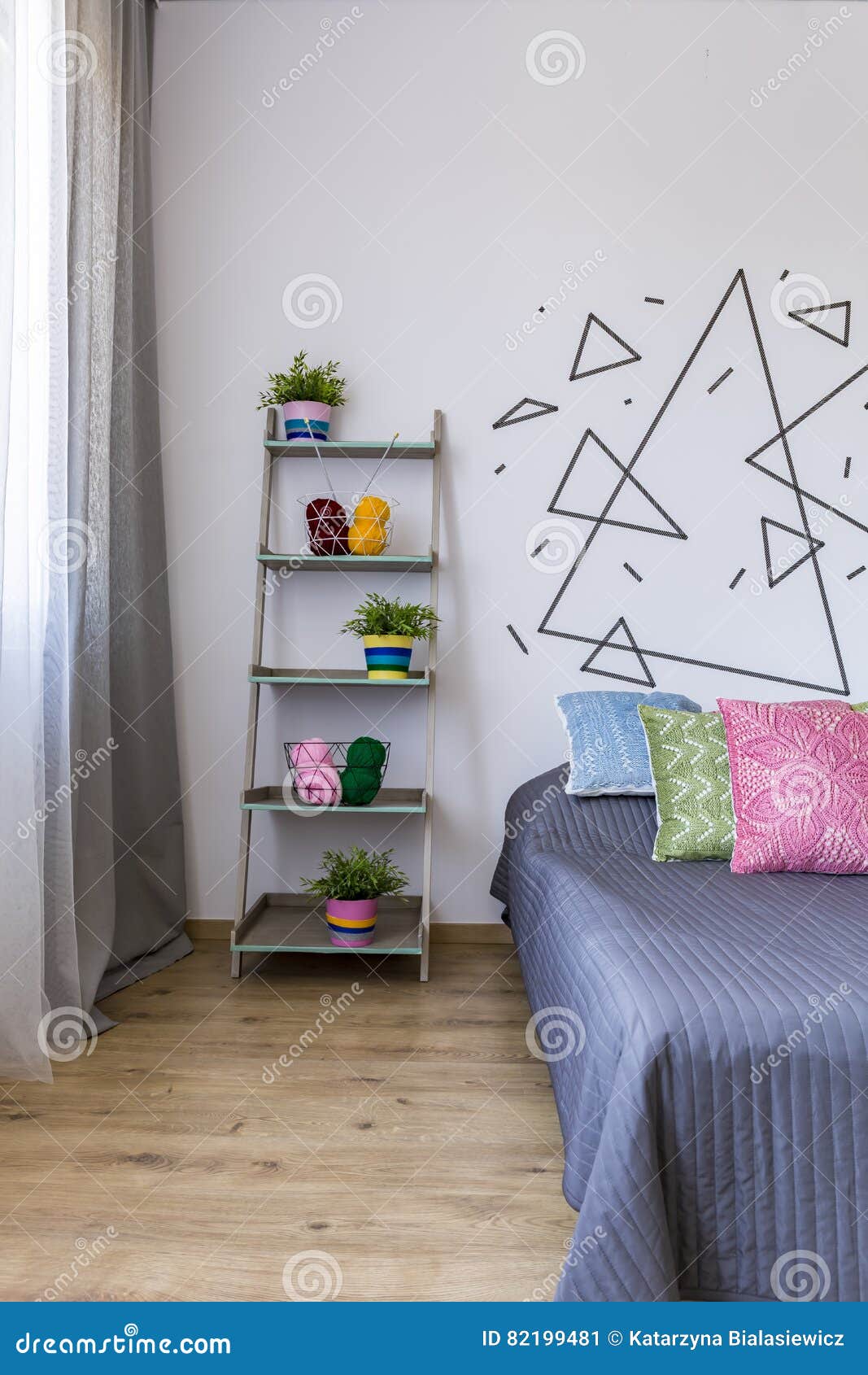 Bright Bedroom with Flower Pots Stock Image - Image of crewel, interior ...