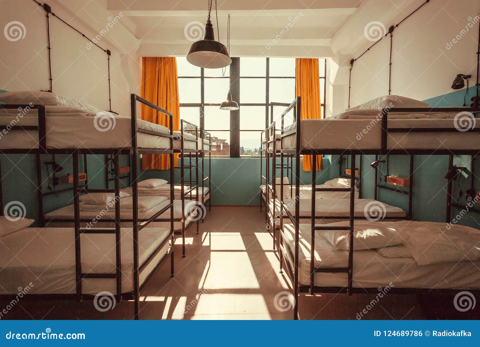 Bright Bedroom Inside the Hostel with Clean Bunk Beds for Students and ...