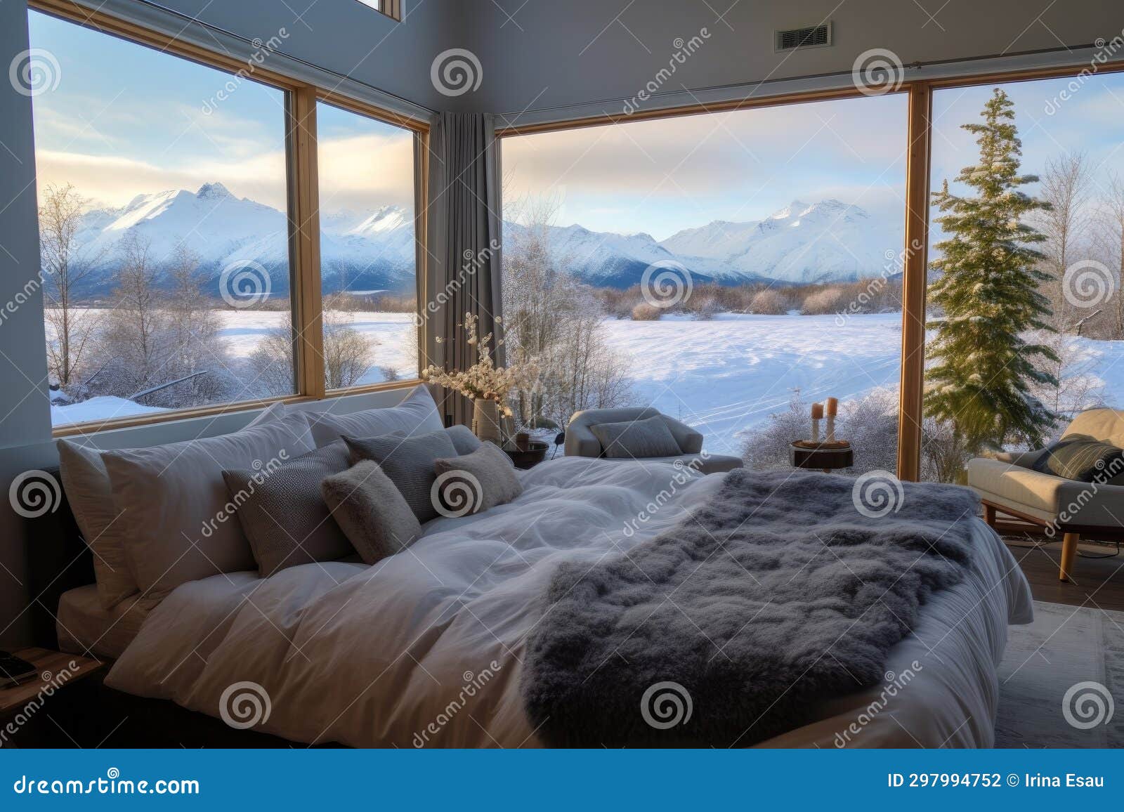 Bright Bedroom Overlooking Snow-capped Mountains in the Morning Stock ...