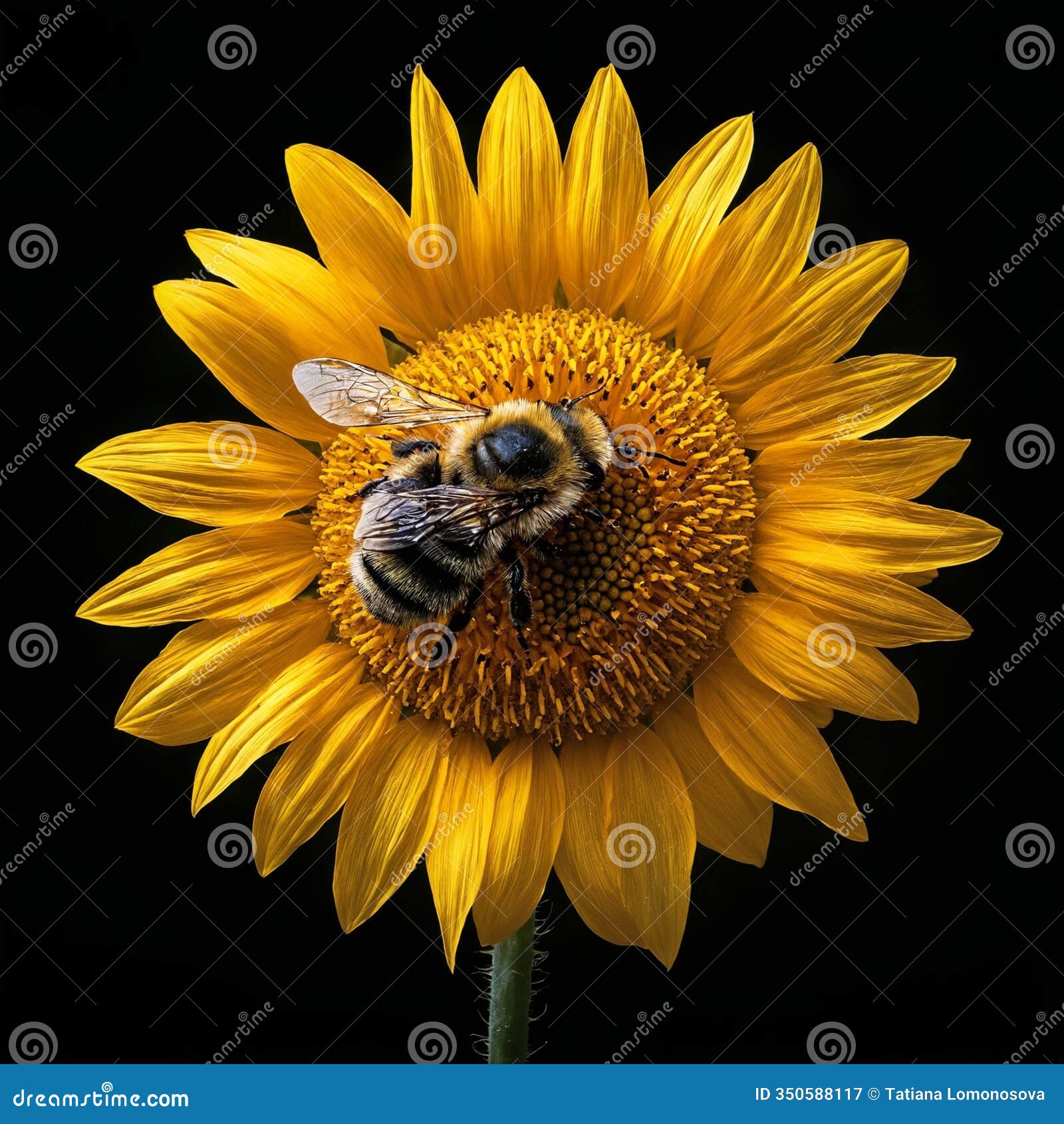 Bright Bee on Flower Digital Art with Solid Black Background Stock ...