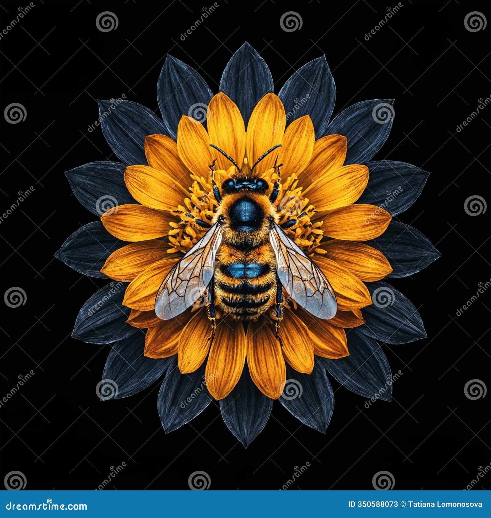 Bright Bee on Flower Digital Art with Solid Black Background Stock ...