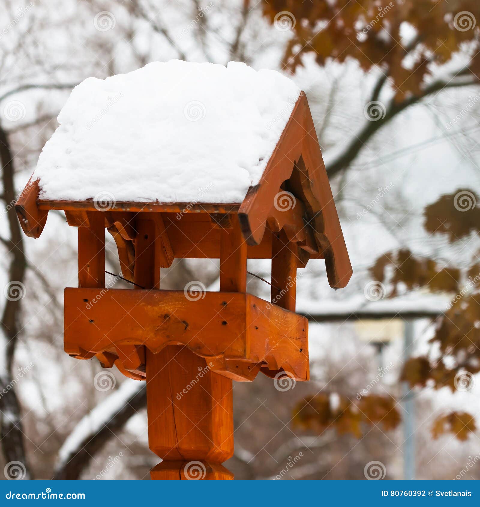 Bright Bird House Outdoors in Winter Covered with Snow Stock Photo ...