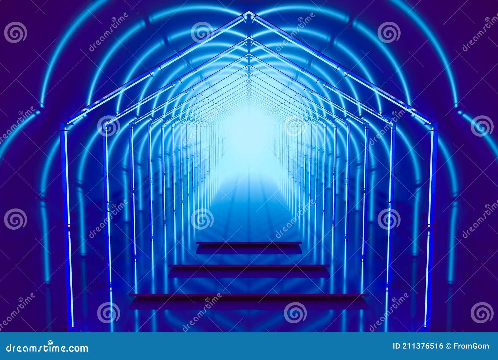 Bright Blue Color Podium Portal with Neon Lights. 3d Render Stock ...