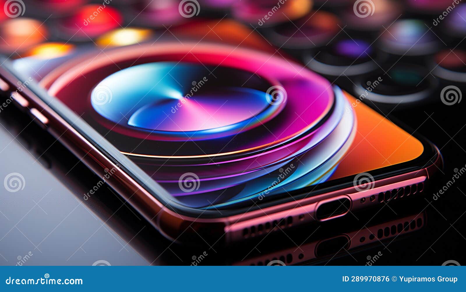 Bright Blue Computer Monitor Reflects Vibrant Colors in High Angle View ...