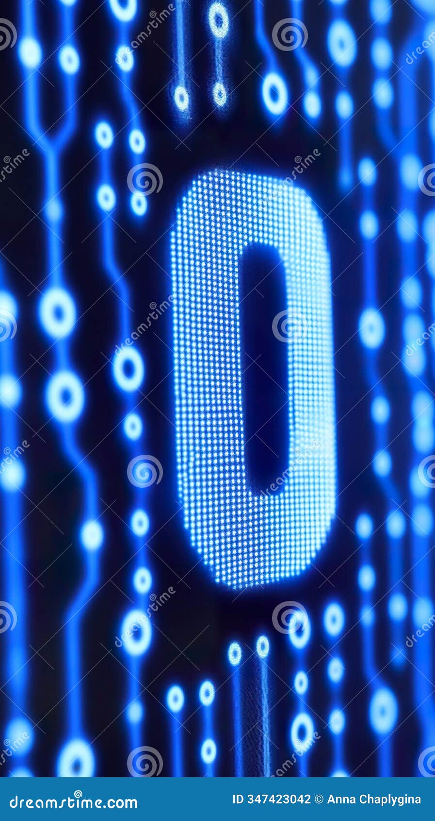 Bright Blue Digital Display of the Number Zero with Circuit Patterns on ...