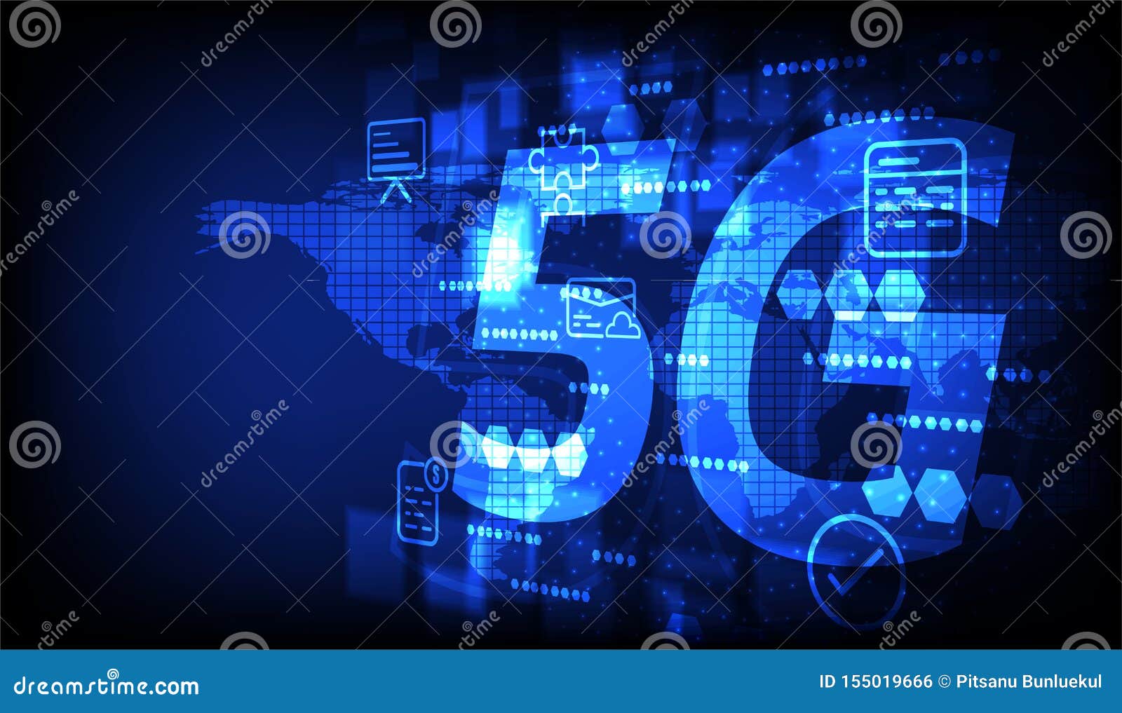 Bright Blue 5G Icon on Dark Blue Map Background Some Elements of this ...