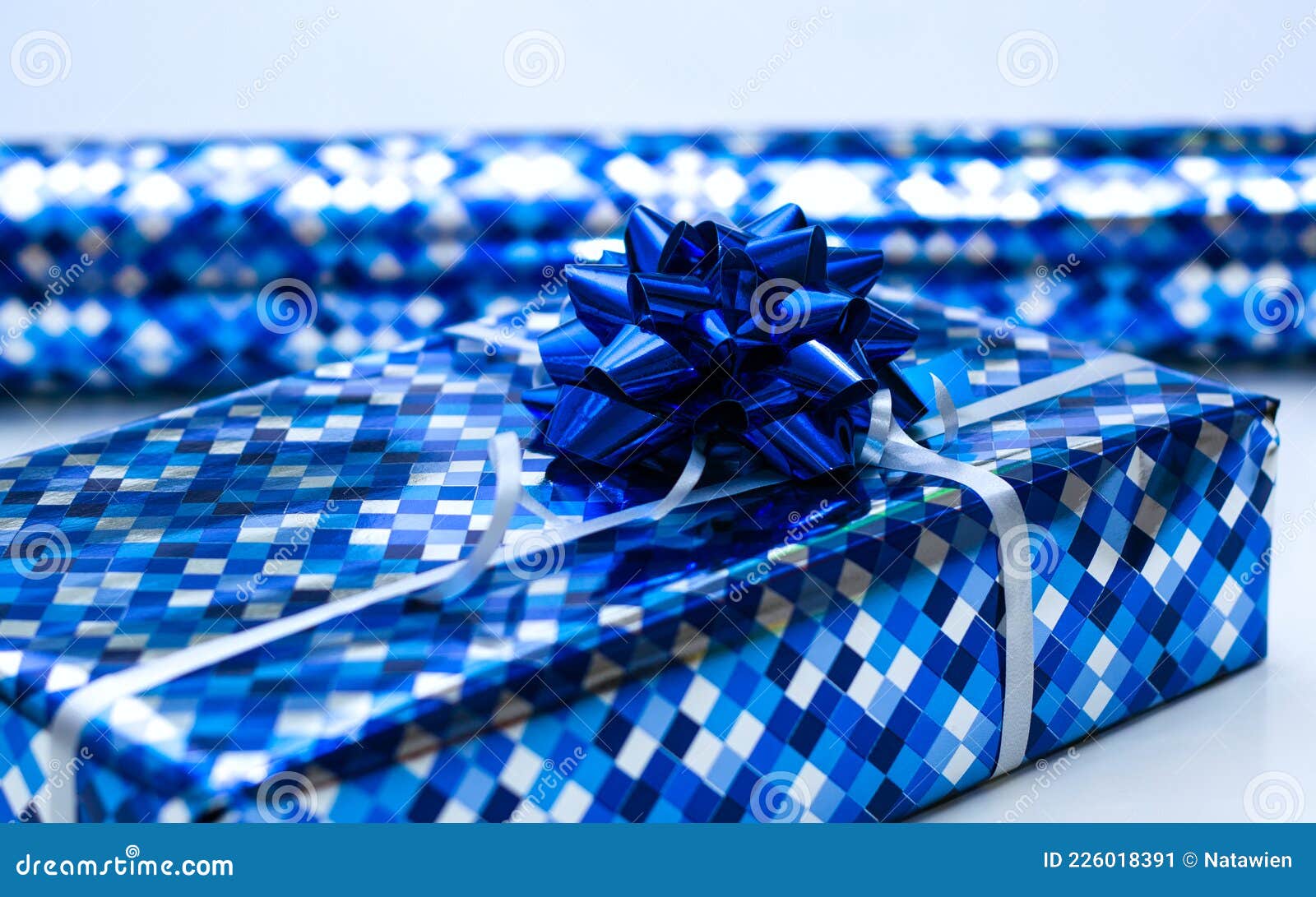 Bright Blue Gift Box with Silber Ribbon Bow Stock Image - Image of ...