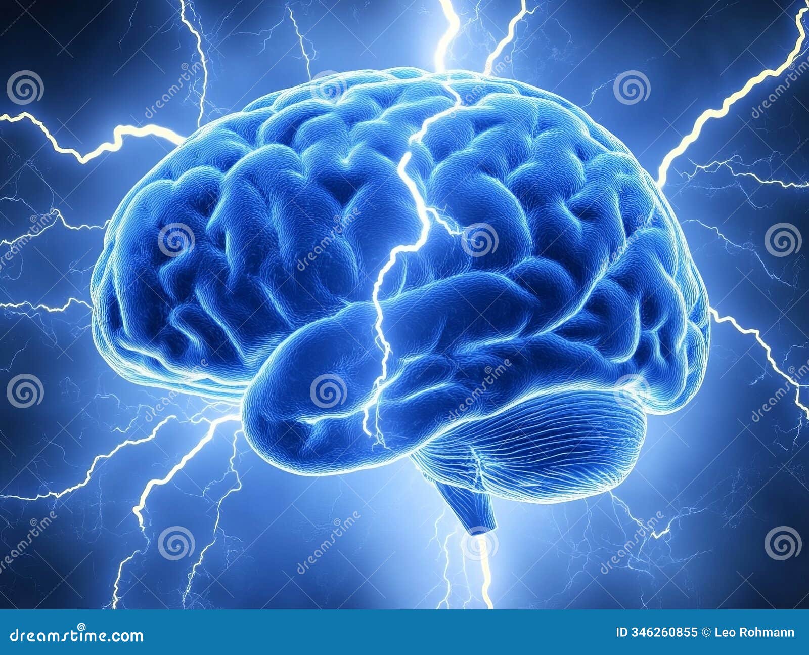 Bright Blue Glowing Brain Illuminated by Dynamic Lightning Bolts ...