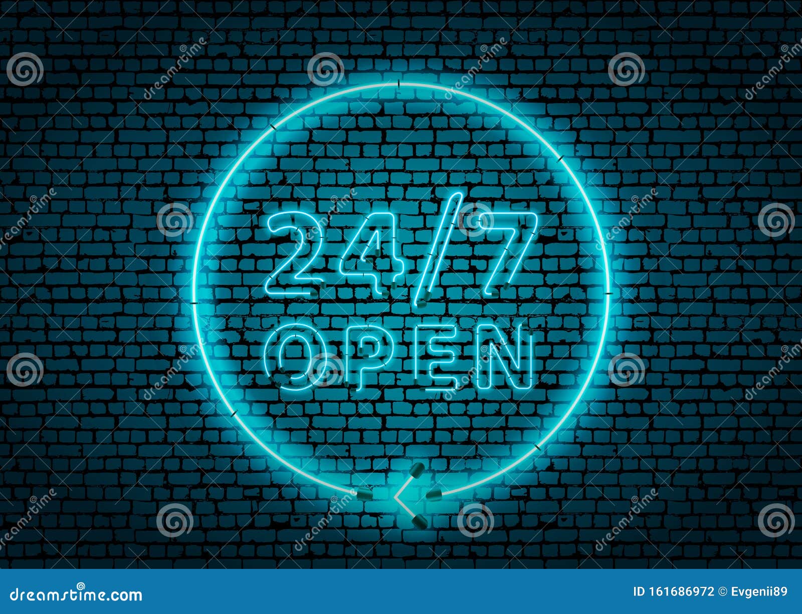 Bright Blue Neon Glowing 24 Hours Open Sign on Dark Brick Wall Stock ...