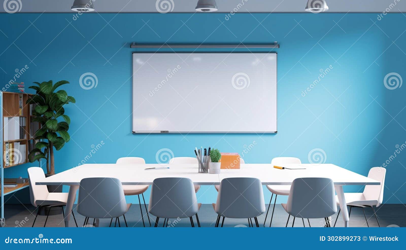 Bright Blue Office Space Featuring a Large Whiteboard and Multiple ...
