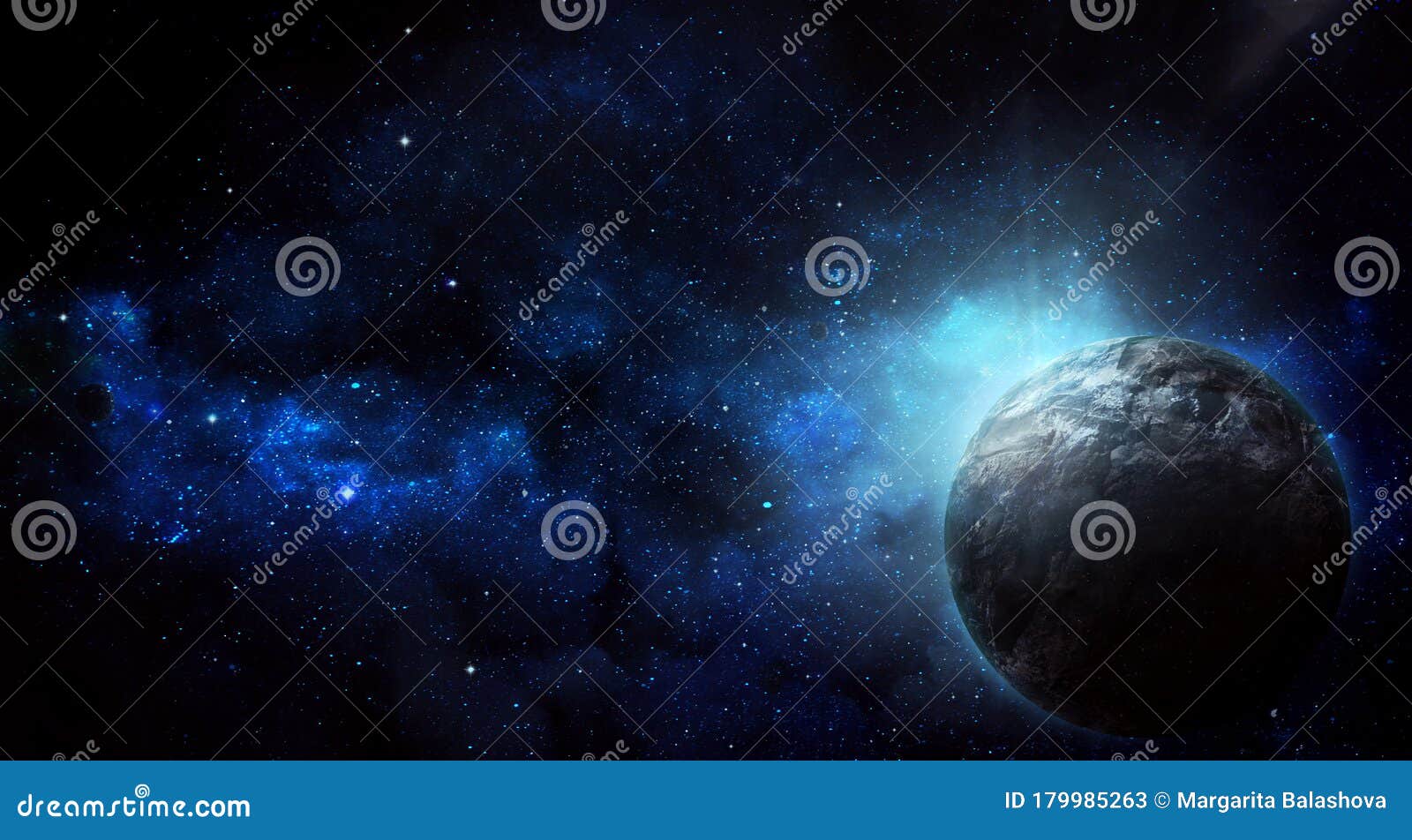 Bright Blue Radiance of Stars in Space and Planet, Abstract Space 3d ...