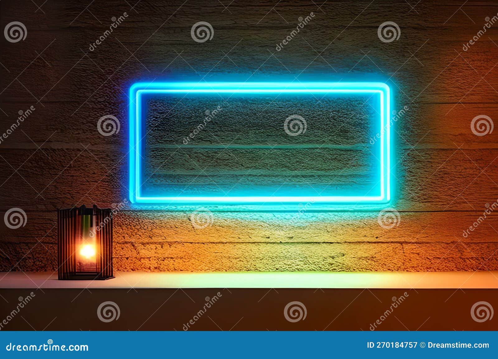 Bright Blue Rectangle Neon at the Wall Backdrop and Wood Background ...