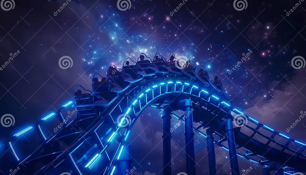 Bright Blue Rollercoaster Spinning in the Night Sky, Exciting Fun Stock ...