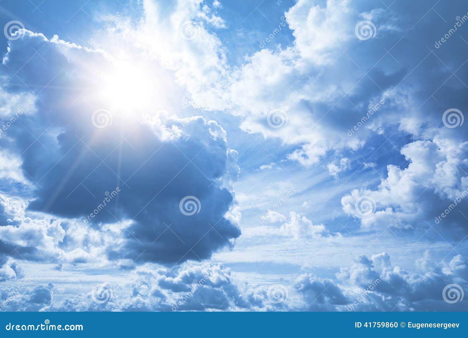 Bright Blue Sky Background with White Clouds and Sun Stock Photo ...