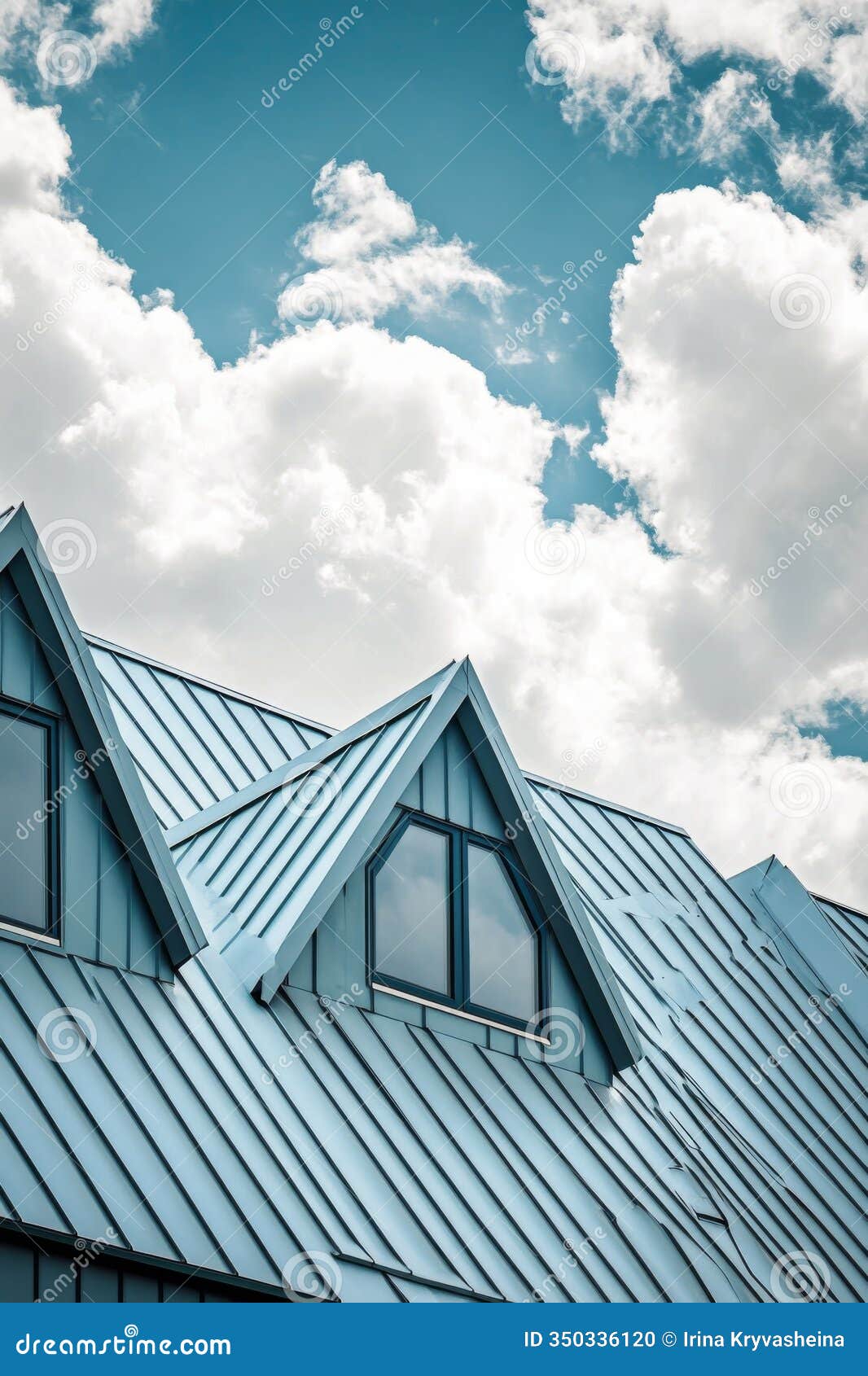 Bright Blue Sky with Clouds Above a Stylish Rooftop with Gable Windows ...